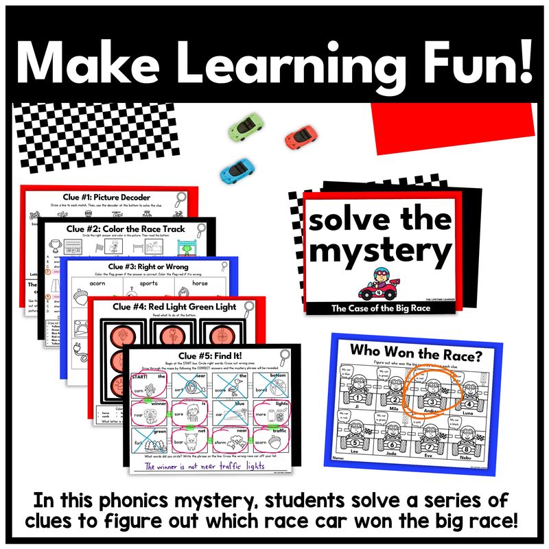 Race Car Phonics Mystery 1st Grade | R Controlled Vowels Activity