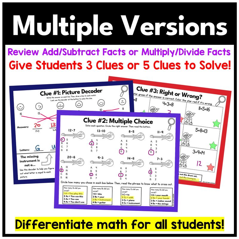 Rock Star Math Fact Mystery | Addition, Subtraction, Multiplication ...