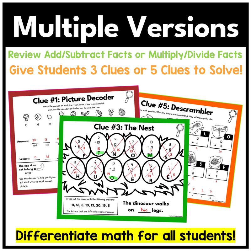 Dinosaur Math Fact Mystery | Addition, Subtraction, Multiplication ...