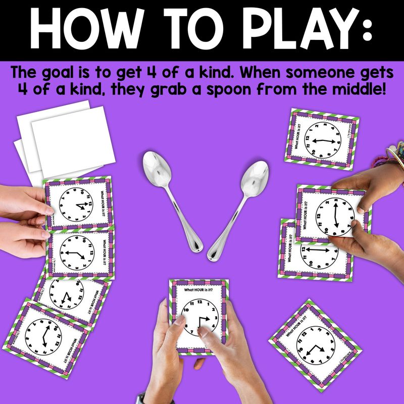 Telling Time to the Hour Math Spoons Card Game | Fun Review Activity