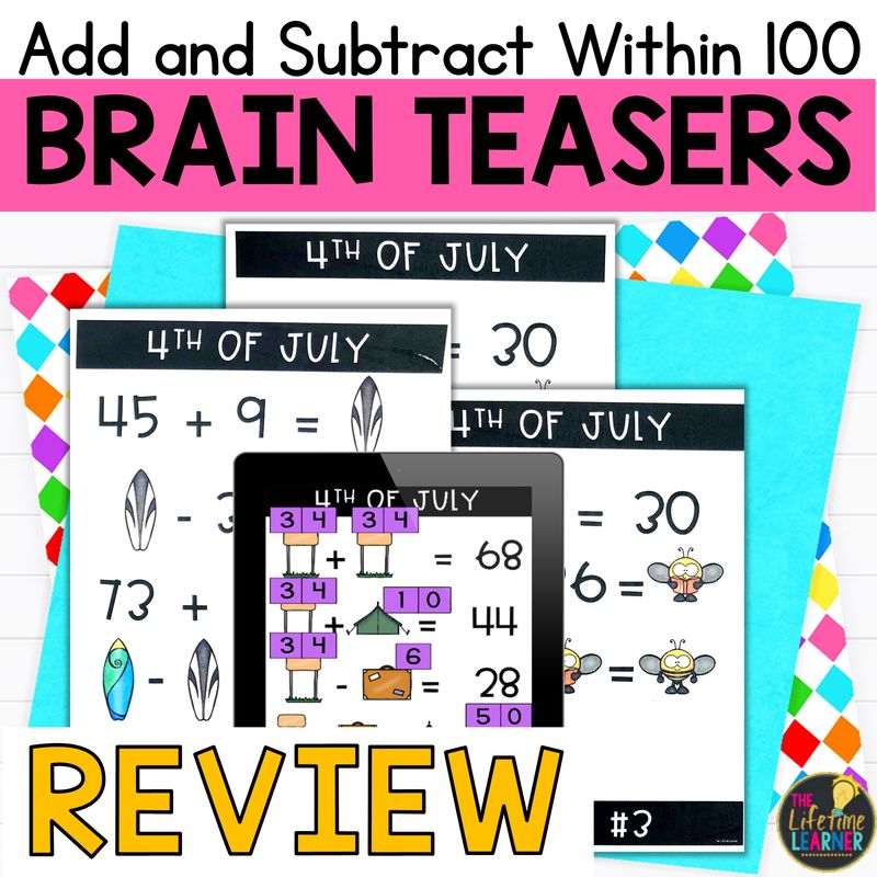 Summer Brain Teasers Addition and Subtraction to 100 Review Logic ...