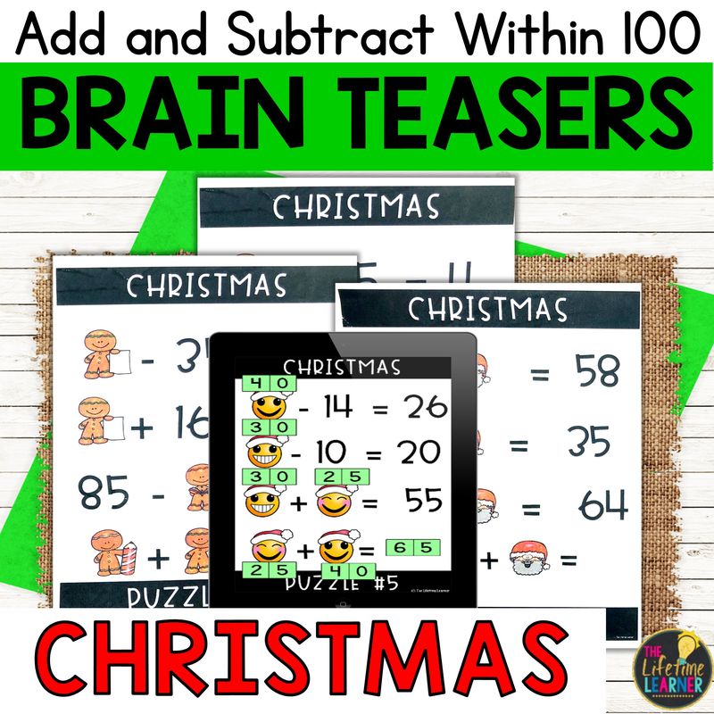 Christmas Brain Teasers Addition and Subtraction to 100 Logic Puzzles ...