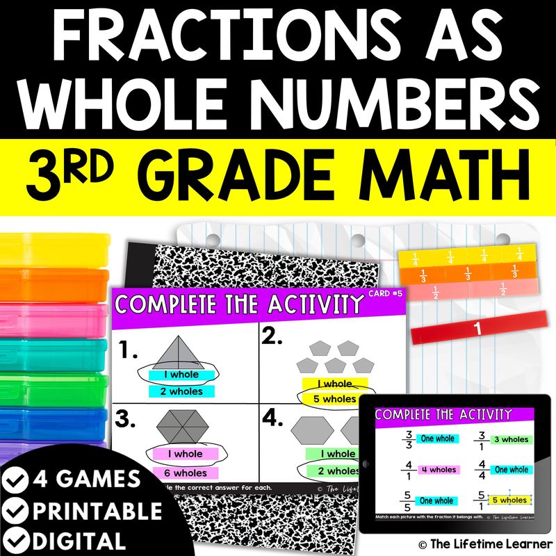 Fractions as Whole Numbers 3rd Grade Math Task Cards - The Lifetime Learner