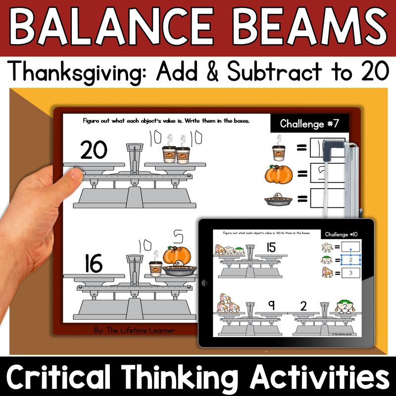 Thanksgiving Critical Thinking Addition and Subtraction to 20 Balance ...