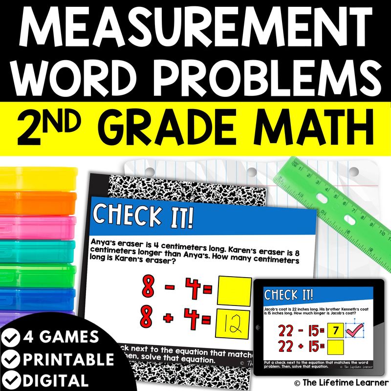 Measurement Word Problems 2nd Grade Math Task Cards