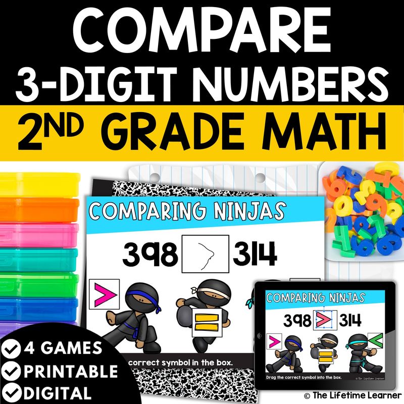 Comparing 3 Digit Numbers 2nd Grade Math Task Cards