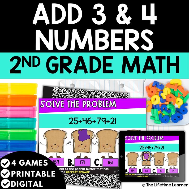 Adding Four Two Digit Numbers 2nd Grade Math Task Cards - The Lifetime ...