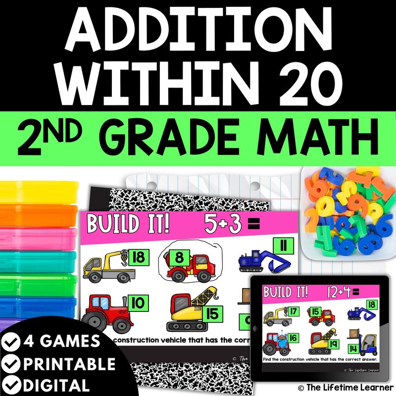 Addition to 20 Fact Fluency 2nd Grade Math Task Cards - The Lifetime ...