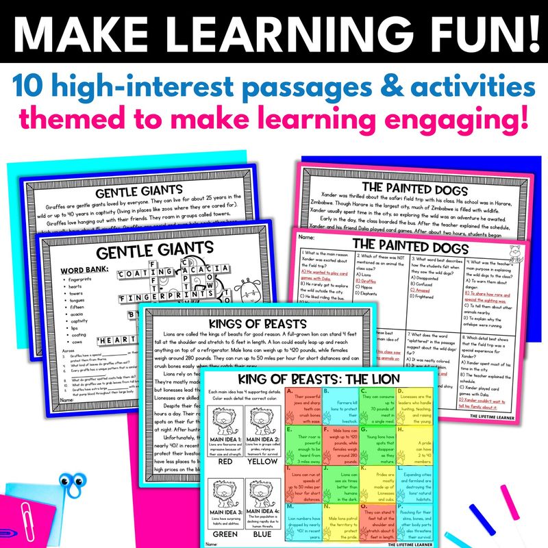Safari Reading Comprehension Passages Add On Pack - The Lifetime Learner