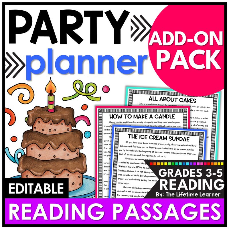Party Reading Comprehension Passages Add On Pack - The Lifetime Learner