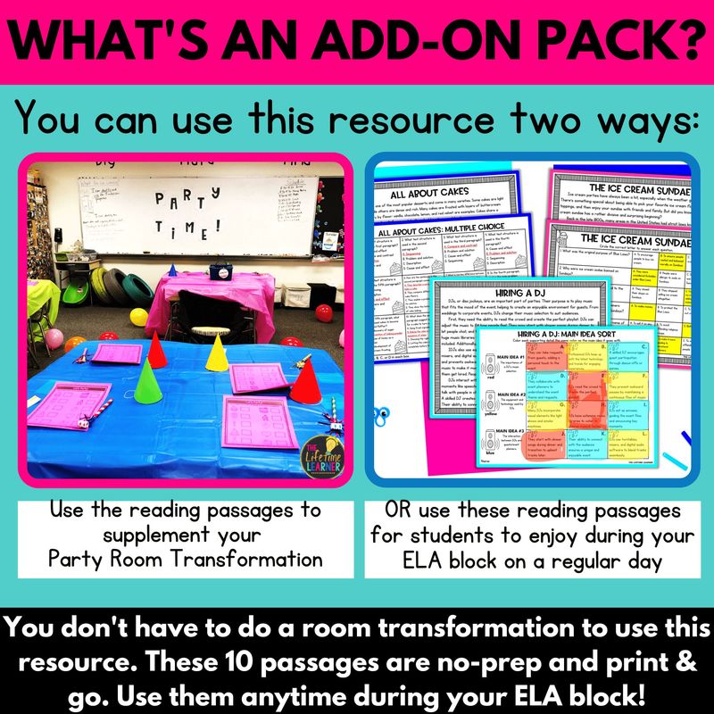 Party Reading Comprehension Passages Add On Pack - The Lifetime Learner