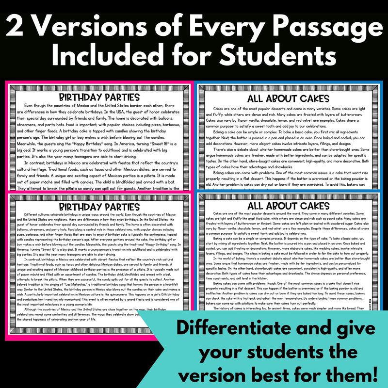 Party Reading Comprehension Passages Add On Pack - The Lifetime Learner