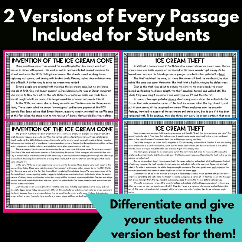 Ice Cream Reading Comprehension Passages Add On Pack - The Lifetime Learner