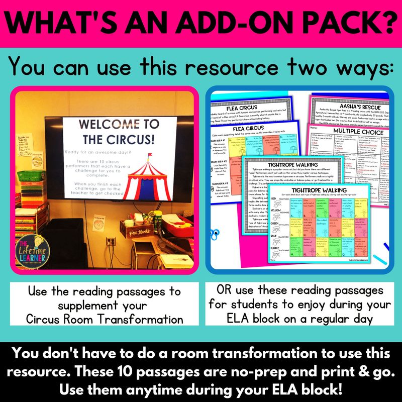 Circus Reading Comprehension Passages Add On Pack - The Lifetime Learner