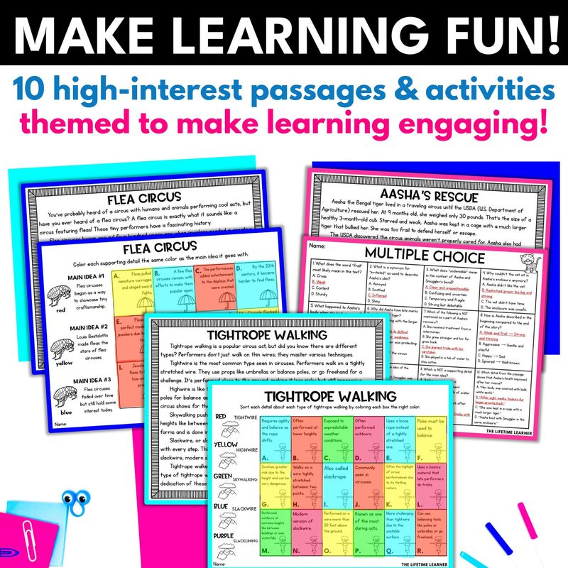 Circus Reading Comprehension Passages Add On Pack - The Lifetime Learner