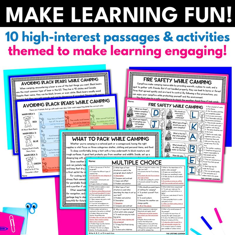 Camping Reading Comprehension Passages Add On Pack - The Lifetime Learner