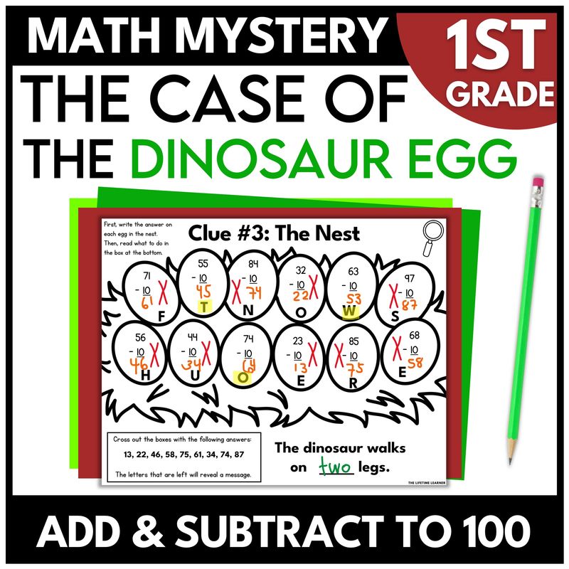 Dinosaur Math Mystery 1st Grade | Addition & Subtraction to 100