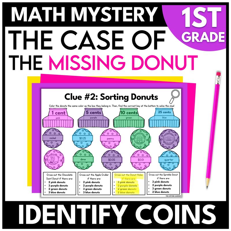 1st Grade Donut Math Mystery Identifying Coins - The Lifetime Learner