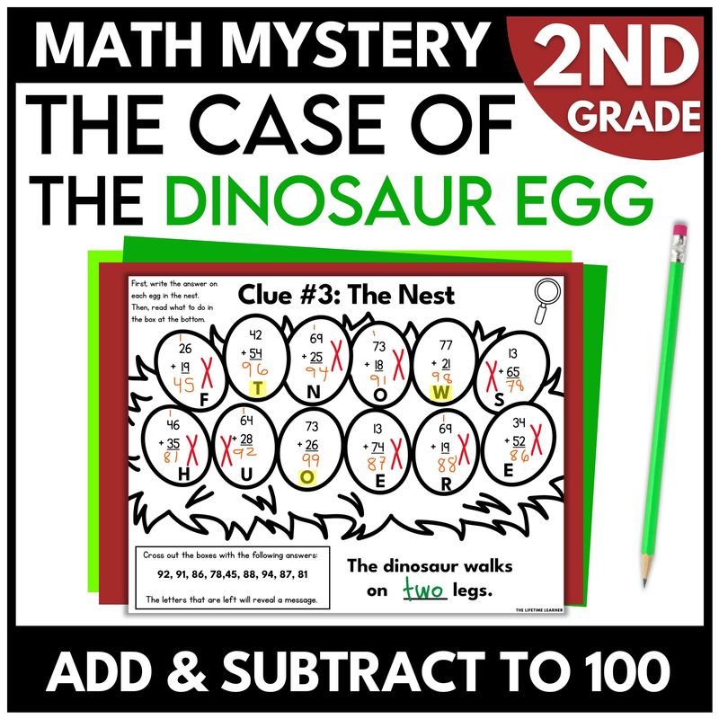 Dinosaur Math Mystery 2nd Grade | Add & Subtract to 100