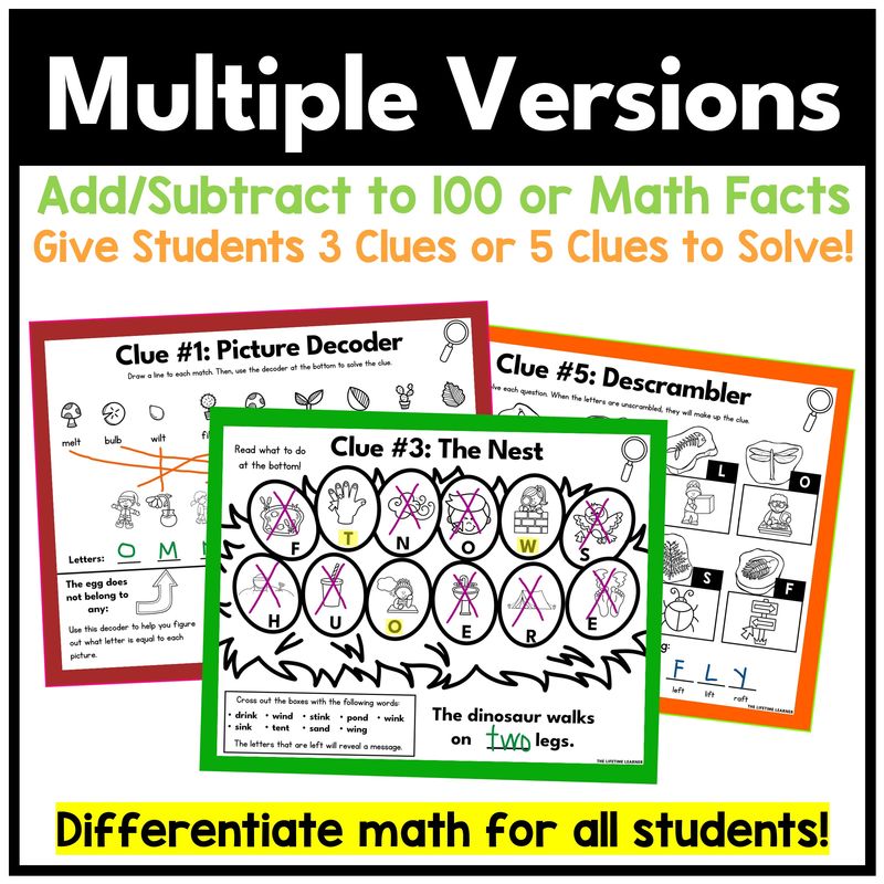 Dinosaur Math Mystery 2nd Grade | Add & Subtract to 100