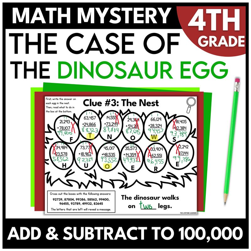 Dinosaur Math Mystery 4th Grade | Multi-Digit Addition & Subtraction
