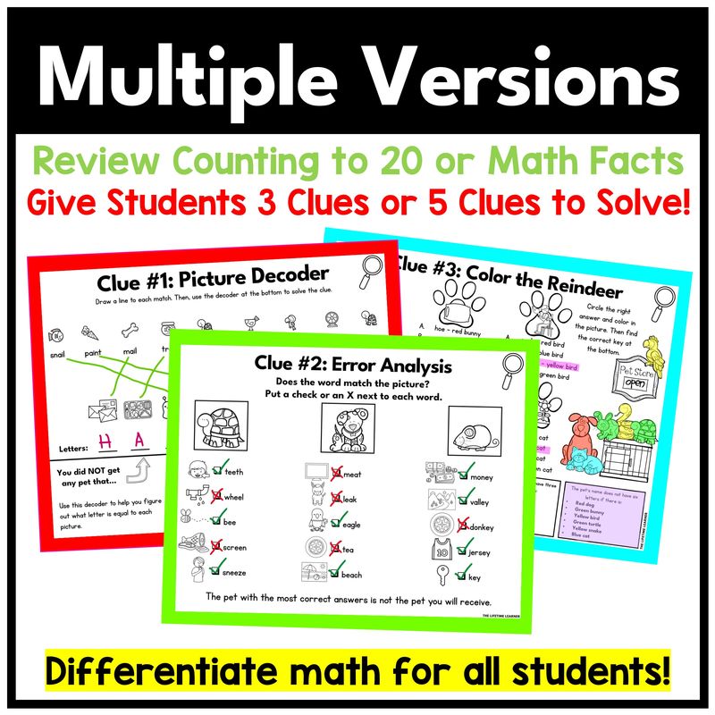 Kindergarten Count and Write to 20 Math Mystery | Pet Theme