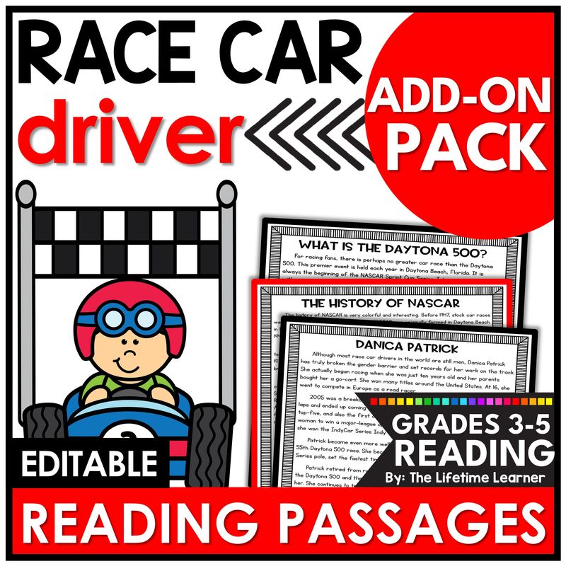 Race Car Reading Comprehension Passages Add On Pack - The Lifetime Learner
