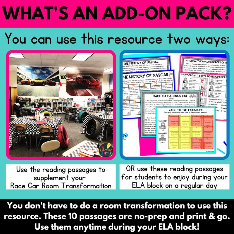 Race Car Reading Comprehension Passages Add On Pack - The Lifetime Learner