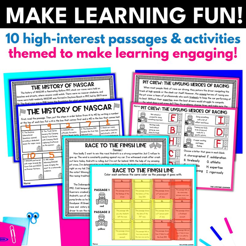Race Car Reading Comprehension Passages Add On Pack - The Lifetime Learner