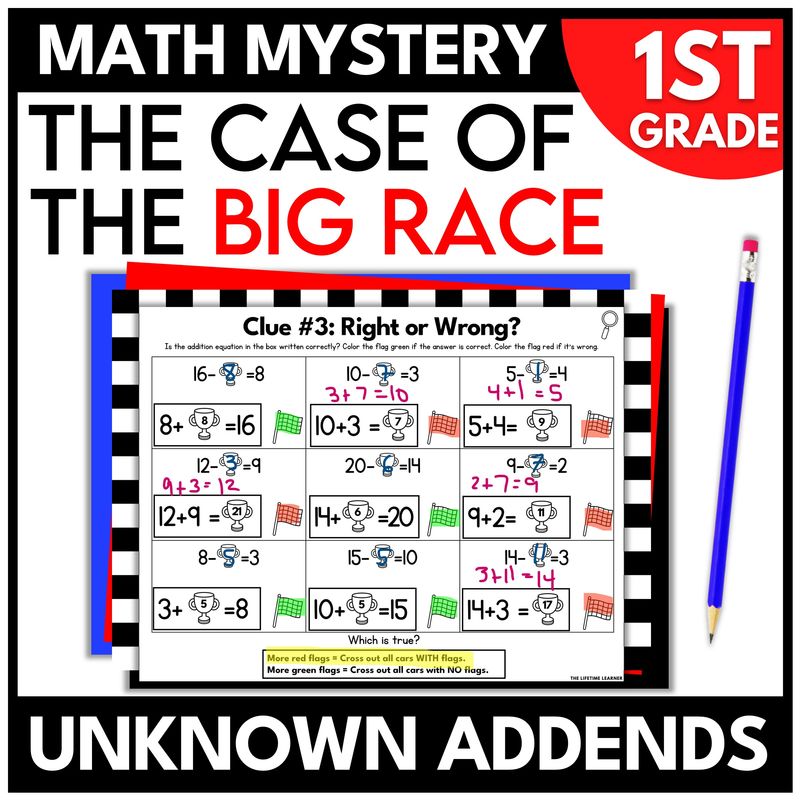 Race Car Math Mystery 1st Grade | Missing Addends to 20