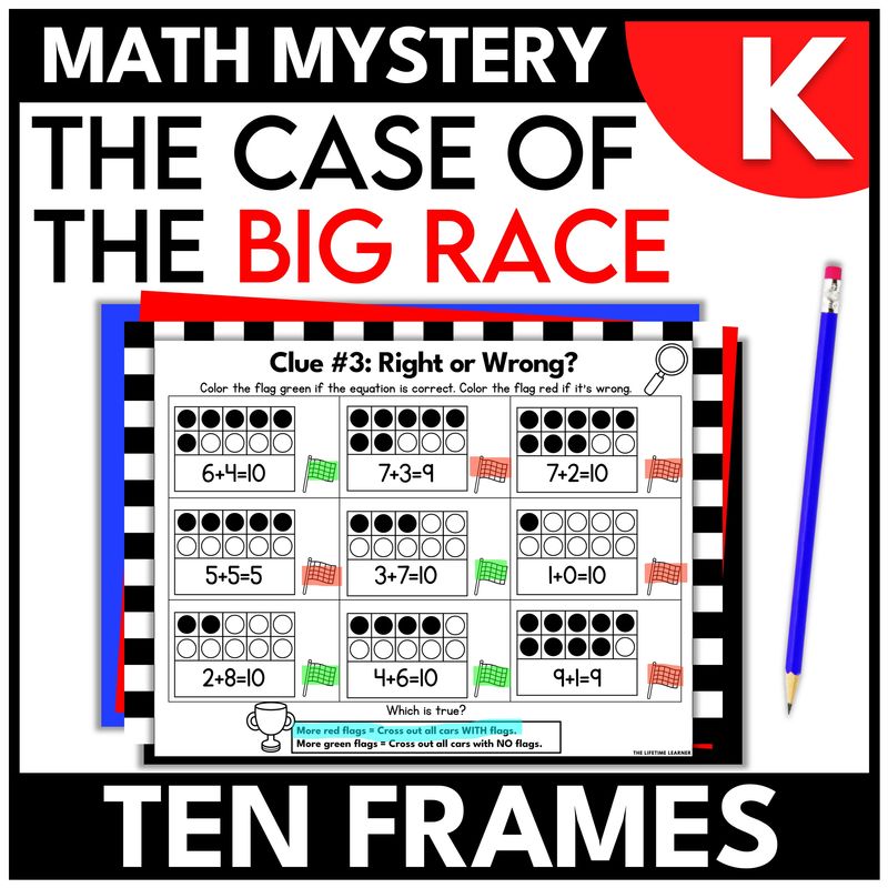 Race Car Math Mystery Kindergarten | Ten Frames Math Activities