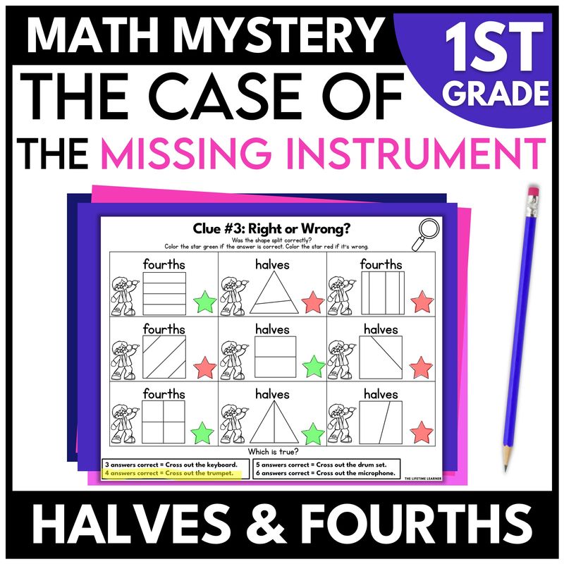 Rock Star Math Mystery 1st grade | Halves and Fourths