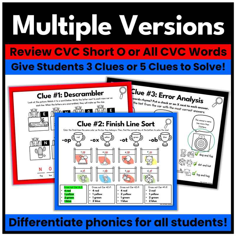 Race Car Phonics Mystery Kindergarten | Short O Words