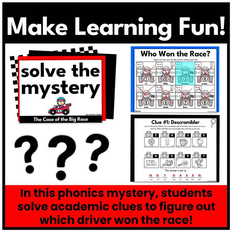 CVC Words Race Car Phonics Mystery