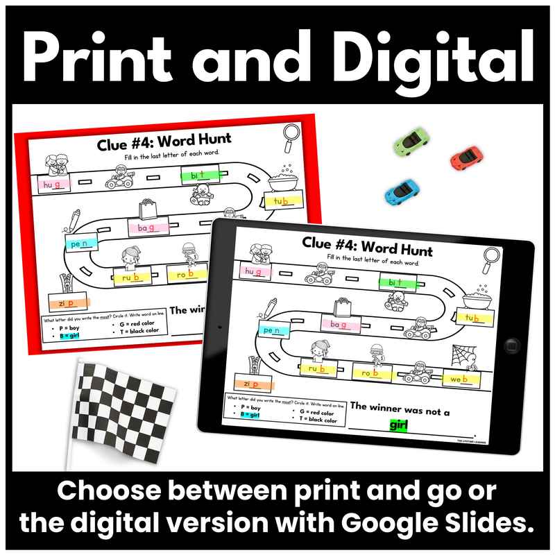 Race Car CVC Words Mystery Game | Kindergarten Reading