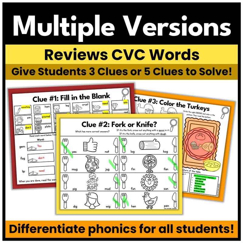 Thanksgiving CVC Words Mystery Game | Kindergarten Reading