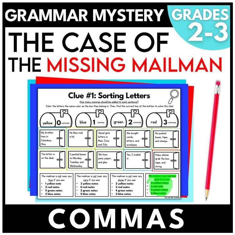 Commas Grammar Mystery 2nd and 3rd Grade | Mailman Review Activity
