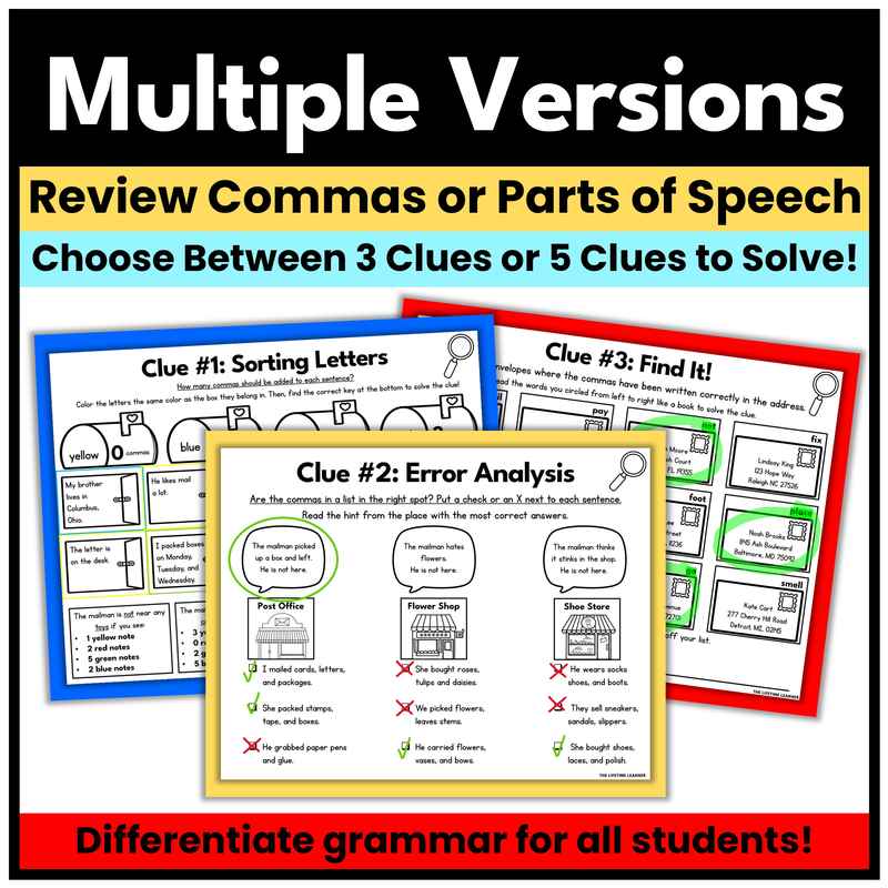 Commas Grammar Mystery 2nd and 3rd Grade | Mailman Review Activity