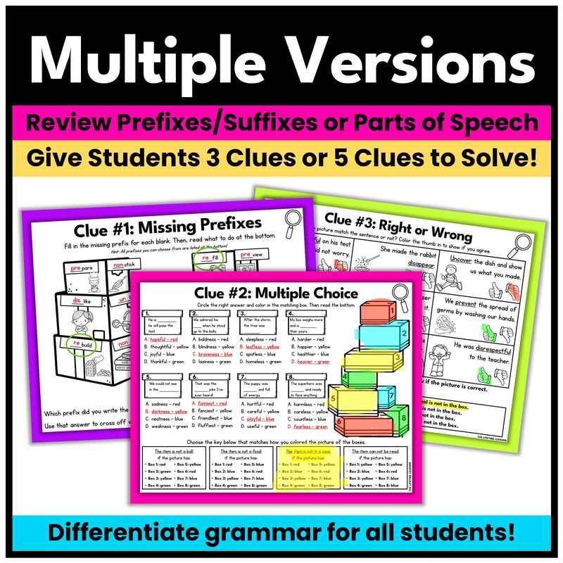 Prefixes and Suffixes Grammar Mystery 2nd and 3rd Grade | Box Activity