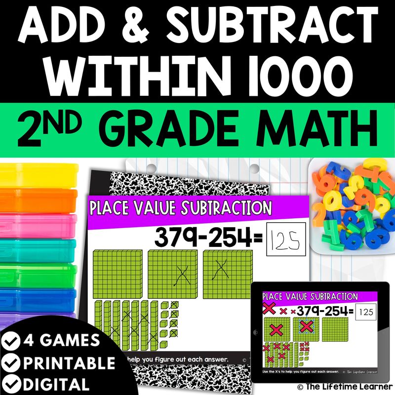 Addition and Subtraction to 1000 2nd Grade Math Task Cards